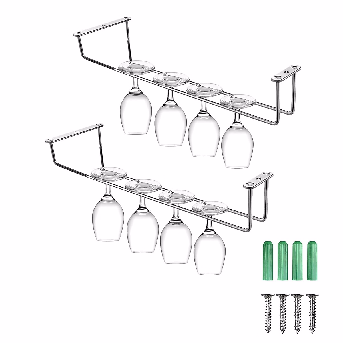 14-Inch Gold Wine Glass Rack, Under Cabinet Wine Glass Holder Stainless Steel Stemware Rack - Hanging Stemware Holder for Cabinet Kitchen Bar, Set of 2