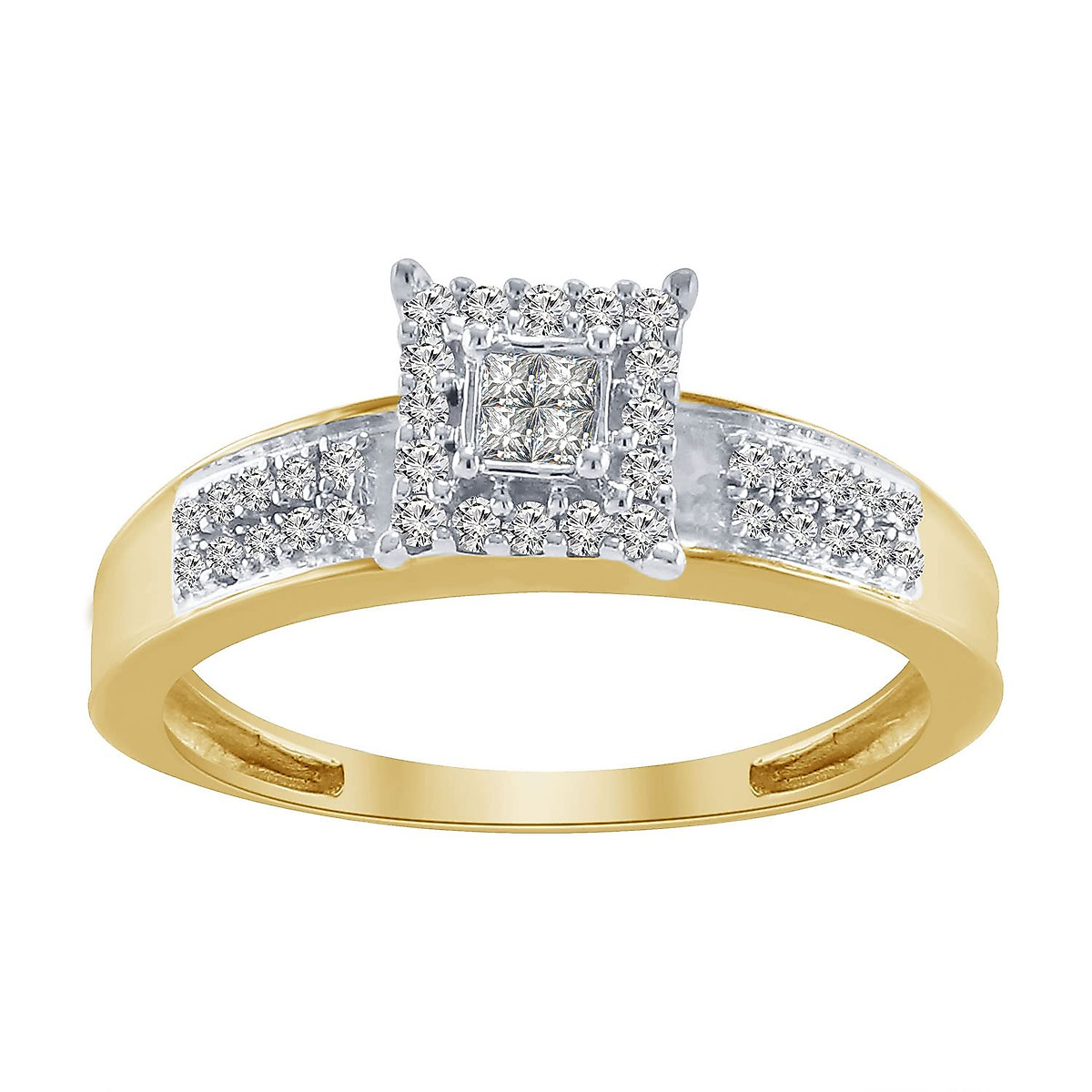 Pretty Jewels 10k Yellow Gold 0.47 Carat (cttw) Princess And Round White Diamond Double Halo Engagement Wedding Trio Ring Set For Him & Her (Color : H-I, Clarity : I1-I2), Wsize-9, Msize-10.5