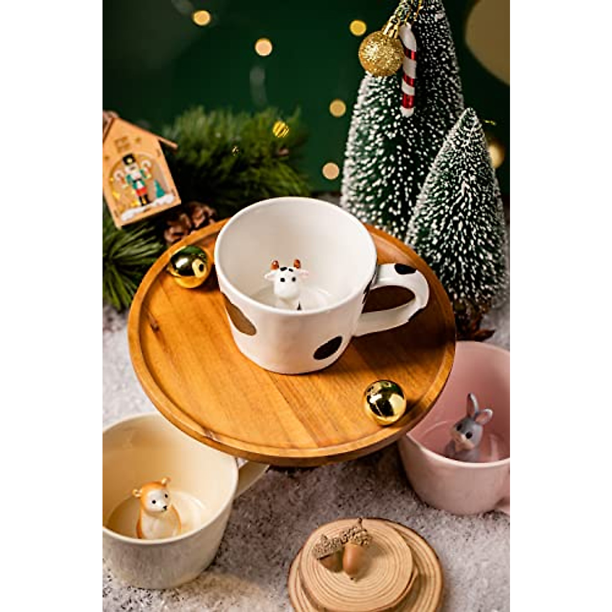 DIHOclub Cow Ceramic Cup Hidden 3D Animal Inside Mug,Cute Cartoon Handmade Figurine Mugs,Holiday and Birthday Gift for Coffee Milk Tea Lovers,12 OZ(White,Black)