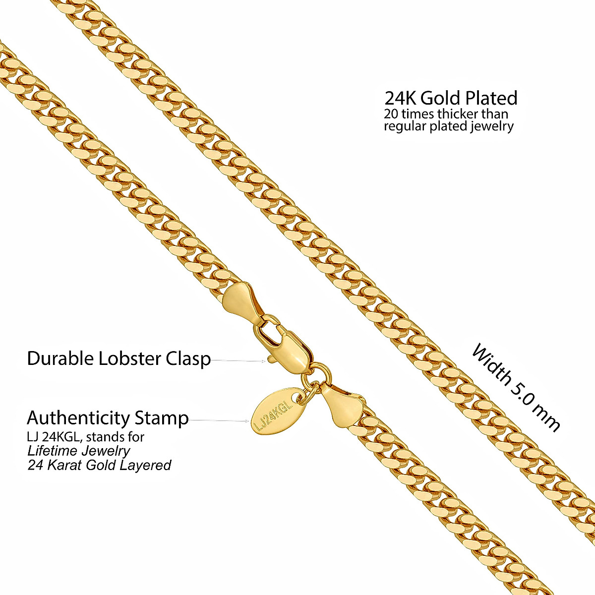 LIFETIME JEWELRY Miami Curb Square Cut Cuban Link Chain Necklaces 24k Gold Plated (5mm & 9.5mm) (20 inches, 5mm, Gold)