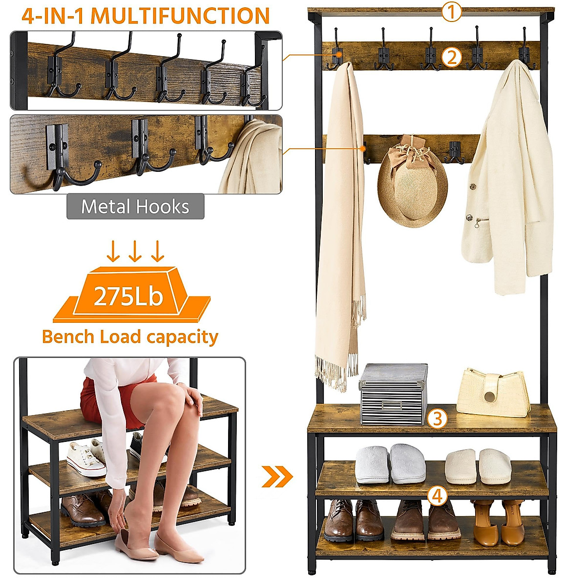 Yaheetech 3-in-1 Design Hall Tree Coat Rack Shoe Bench with 23 Hooks, Entryway Storage Shelf Bench with Metal Frame, Industrial Accent Furniture for Mudroom & Hallway, Easy Assembly, Rustic Brown