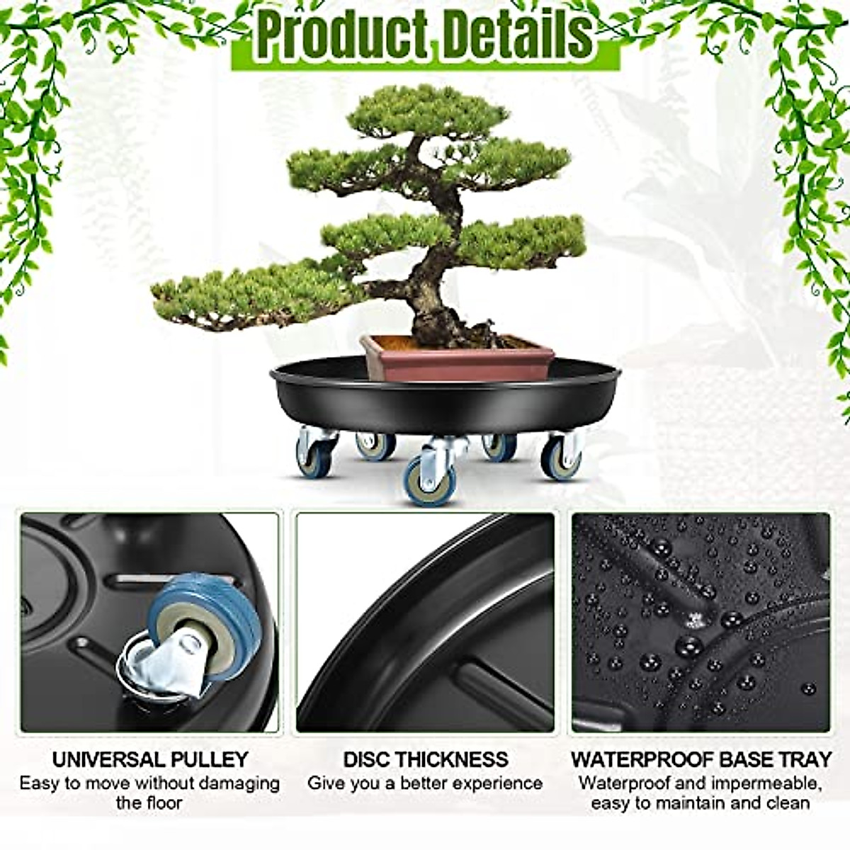 4 Pieces Black Round Flower Pot Mover Rolling Plant Pallet Dolly Caddy with 20 Wheels Mover 16 Inch Heavy Duty Plant Stand Metal Plant Stand Black Plant Stand for Indoor Outdoor Garden