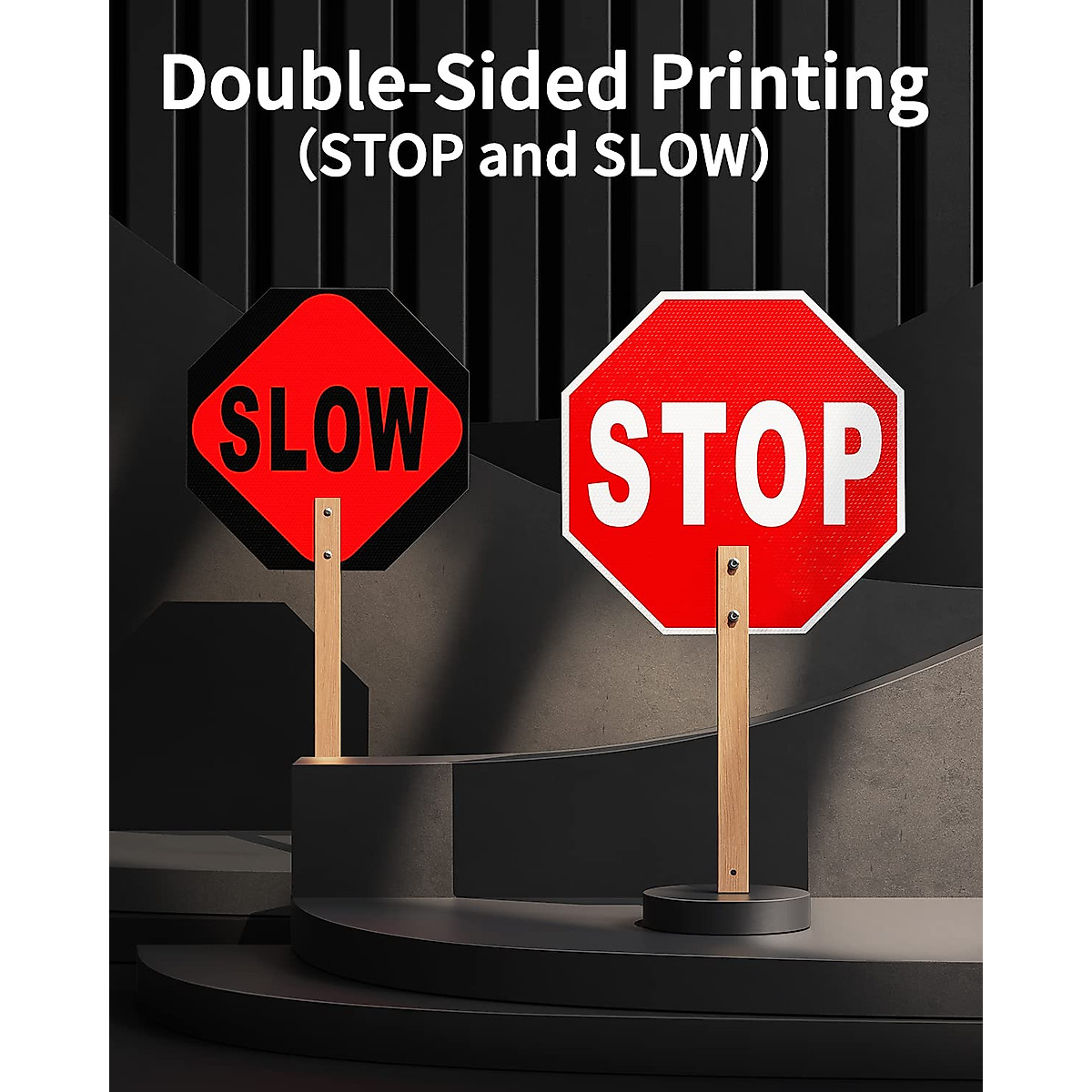 Stop Slow Sign, Double Sided Street Slow Warning Reflective Signs, 13x13in Octagon Rust Free Aluminum, with Bamboo Handle, UV Protected and Waterproof, Weather Resistant, Durable Ink, Easy to Mount