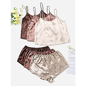 SheIn Women's 3 Sets Satin Pajama Set Sleeveless Crop Cami and Elastic Waist Shorts Sleepwear Lounge Set Black Small