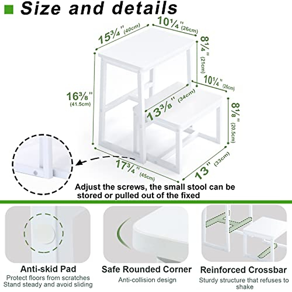 iTsst Step Stool for Adults & Kids,Holds up to 500Lb,3 in1 Heavy Duty Sturdy Two Step Stool for Kichen/Bathroom/High beds, Wooden&Metal Frame, Non-Slip Pads