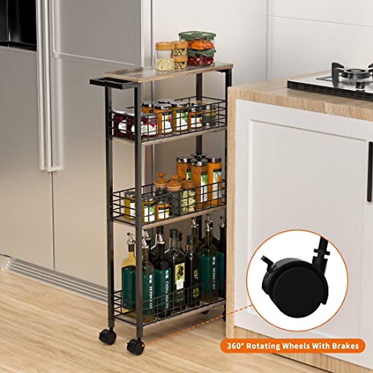 LUMAMU Slim Storage Cart for Small Spaces, 4 Tier Mobile Rolling Cart with Wheels Slide Out Storage Utility Shelves Cart with Wooden for Kitchen Narrow Spaces