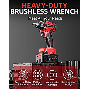 WAKYME 21V MAX Cordless Impact Wrench Kit, 1/2" Brushless Compact Wrench Power Tool Kit, TWO 4.0AH Li-ion Battery, 7Pcs Driver Impact Sockets, Fast Charger, Belt clip, Tool Box (250 Ft-lb Torque)