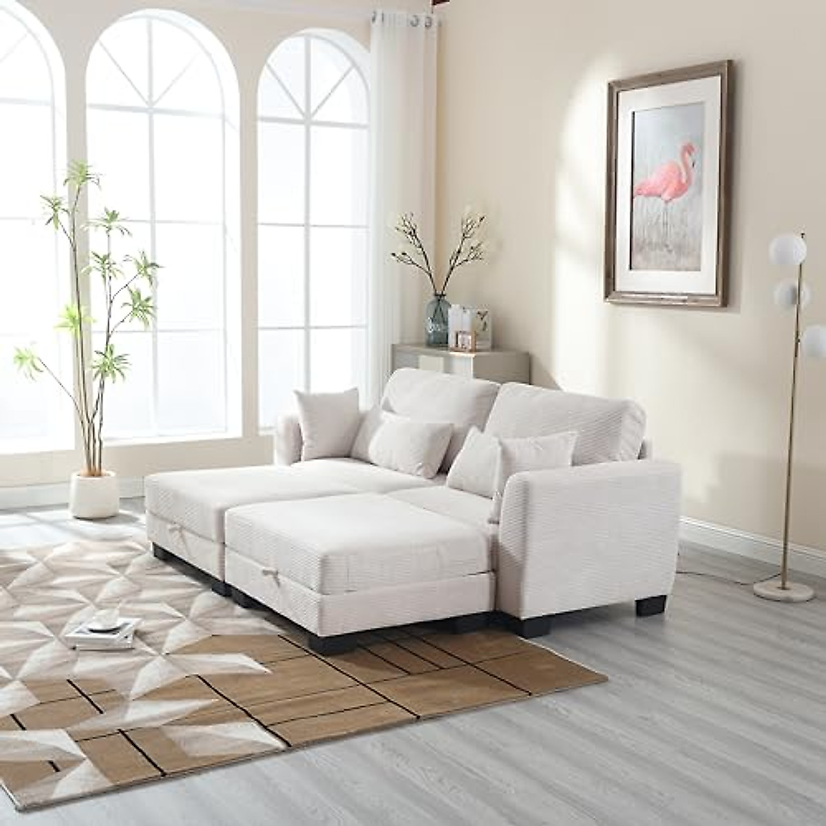 Reversible Modular Sectional Sofa Cloud Couch Convertible Corner Sofabed Daybed with 2 Movable Ottoman and Storage, Oversized Comfy Corduroy Upholstered Lounge Sofá Bed for Living Room, Apartment