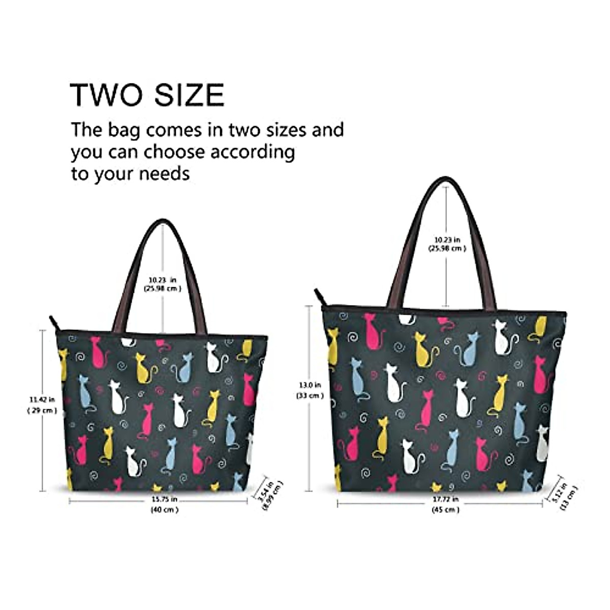 ZENWAWA Colorful Cat Silhouette Tote Bag Aesthetic, Zipper Large Capacity Women Grocery Bag Purse Shoulder Bag 2 Sizes