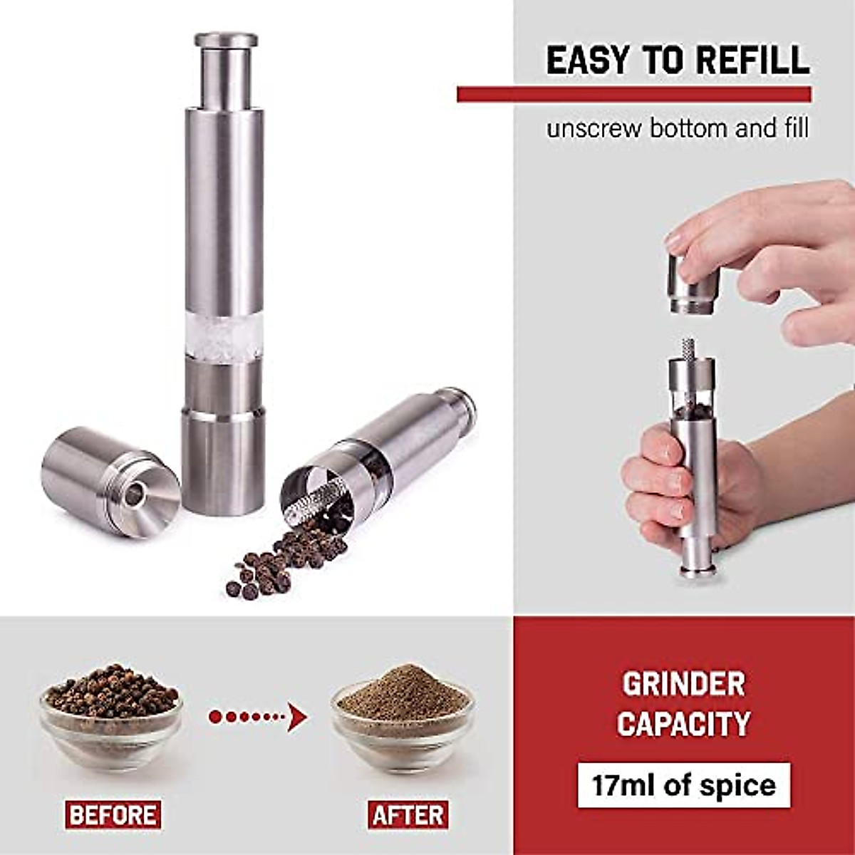 jessie Salt and Pepper Grinder, Thumb Press Grinder, Stainless Steel Salt Pepper Mill for Home Kitchen (Silver spring built-in single)