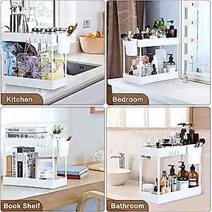 SageCapri 2 Pack Under Sink Organizer, 2 Tier Under Kitchen Bathroom Sink Storage with Hooks & Haning Cups, Multi-Purpose Cabinet Organization Basket Storage Shelf for Restroom Bedroom Living room, White