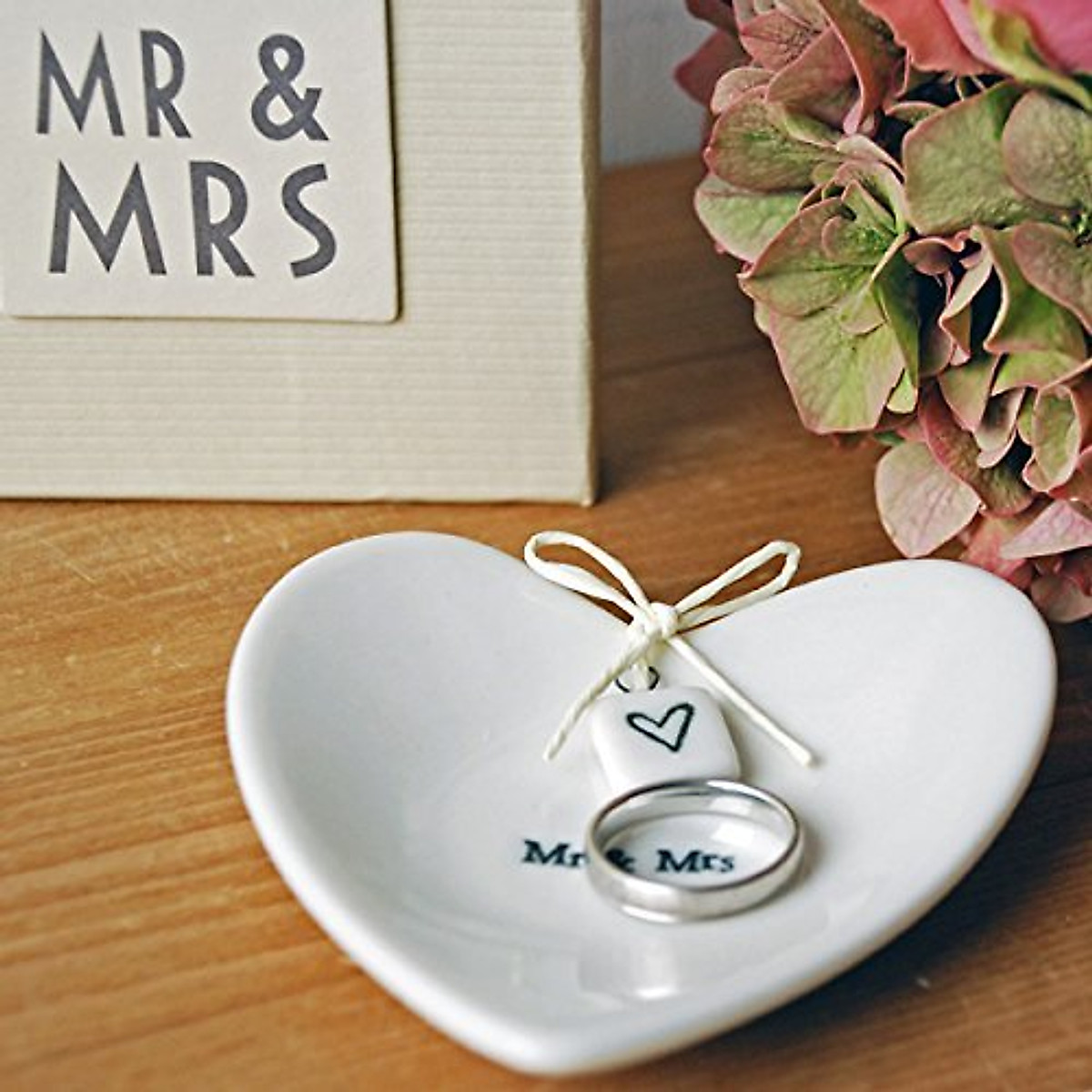 East of India Mr & Mrs Heart-Shaped Ring Dish in Gift Box, Porcelain