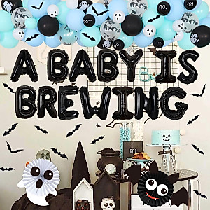 Halloween Baby Shower Decorations for Boy - A Baby is Brewing Blue Balloon Garland Arch Kit Ghost Bat Foil Balloon Baby Shower Pregnancy Announcement Gender Reveal Party Supplies