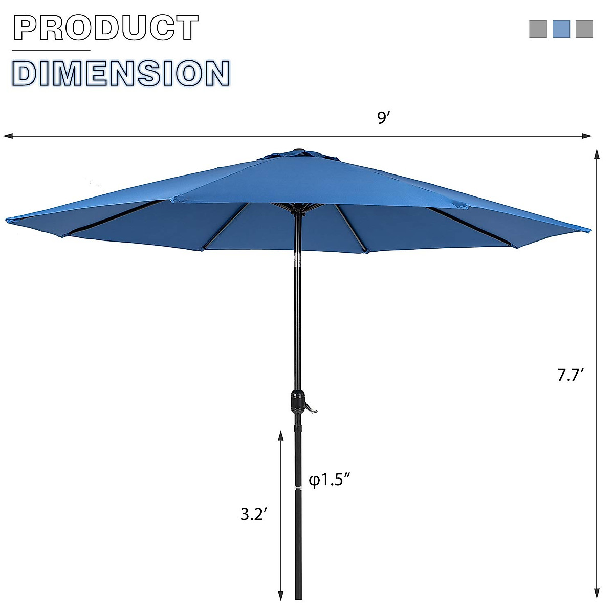 SOLAURA 3-Piece Outdoor Patio Bar Set Black Brown Wicker Bar Table Set Patio Furniture Set Outdoor Bar and Two Stools with Cushions and 9 FT Patio Umbrella, Dark Blue