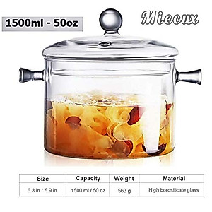 Glass Cooking Pot - 1.5L/50oz Heat-Resistant Borosilicate Glass Handmade Cookware Set stovetop Pot - Safe for Pasta Noodle, Soup, Milk, Tea (1.5L/50OZ)