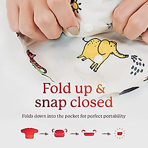 Long Sleeve Baby Bib for Boys and Girls w/Food Catcher Pocket - Waterproof, Wipe Clean, Machine Wash, Fast Drying Feeding Smock - Recycled Polyester - Animal Print Suitable for Babies to Toddlers