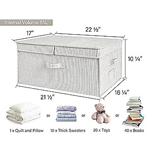 StorageWorks 55L Closet Storage Organizer With Handles, Canvas Basket With Lid, Double-Open Lid, Gray and White Stripes, Extra Large