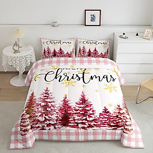 Erosebridal Merry Christmas Bedding Full Xmas Comforter Set for Kids Boys Girls Bedroom Cute Kawaii Bedding Comforter Sets Pink Grid Checkered Duvet Insert Happy New Year Holiday Quilted Comforter