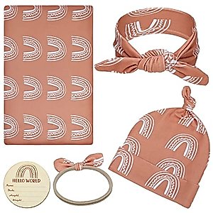 5 Pcs Rainbow Newborn Swaddle Set with Muslin Baby Swaddle Blanket, Wooden Baby Announcement Sign, Matching Hat and Bow, Boho Vintage Swaddle and Headband Set for Boys Girls Newborns Infants (Caramel)
