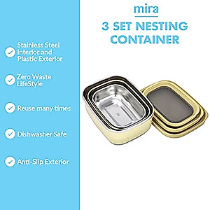 MIRA Reusable Stainless Steel Food Storage Containers, Bento Lunch Box with Anti-Slip Exterior for Meal Prep, Portion Control, Kitchen Food Storage - Set of 3 (2 cups, 4 cups, 6 cups), Honey