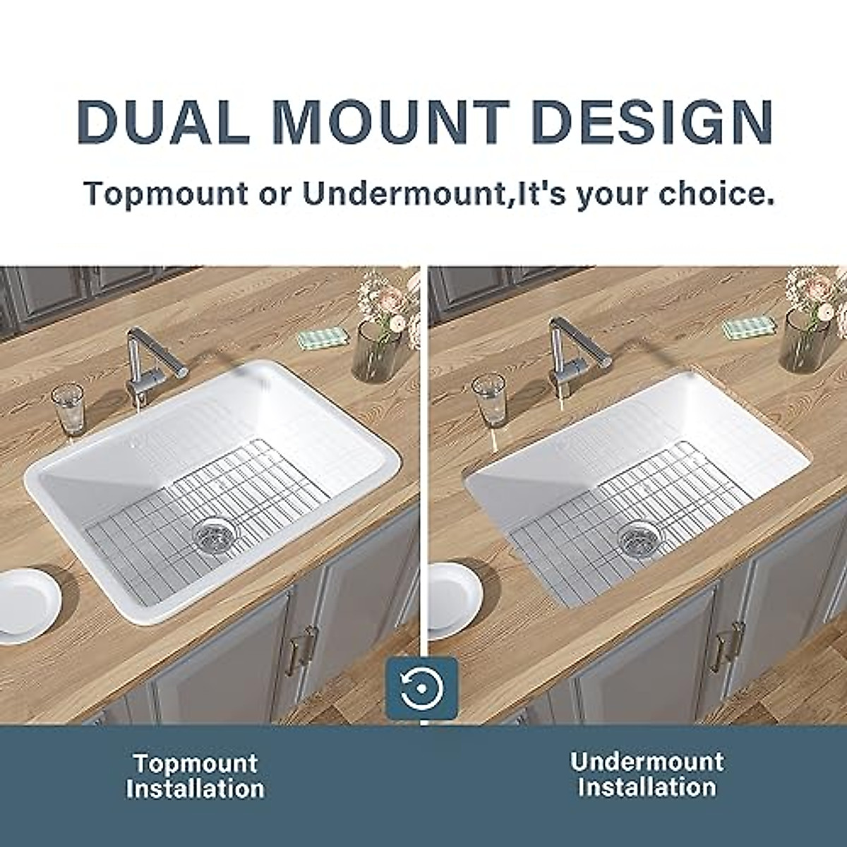 Kitchen Sink Drop In 27"x19" HOMLYLINK Pure White Kitchen Sink Undermount Kitchen Sink Dual Mount Drop In Kitchen Sink 27 Inch Single Bowl Fireclay Sink Custom Accessories Included
