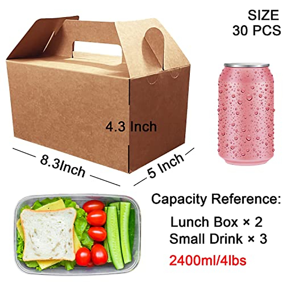 Unarty 30 Pcs Large Gable Boxes with Handle, 8 x 5 x 4 Inch Kraft Gable Boxes for Gift, Large Treat Boxes with Handles for Wedding, Baby Shower, Paper Gable Treat Boxes