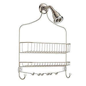 mDesign Metal Wire Tub & Shower Caddy, Hanging Storage Organizer Center with Built-In Hooks and Baskets on 2 Levels for Shampoo, Body Wash, Loofahs - Satin