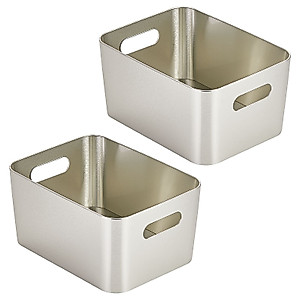 mDesign Steel Metal Storage Container Bin Basket, Handle - Kitchen Pantry, Cabinet, Fridge, Drawers, Freezer Organization - Food/Snack Holder Crates, 9" Wide, Mirri Collection, 2 Pack, Brushed Chrome