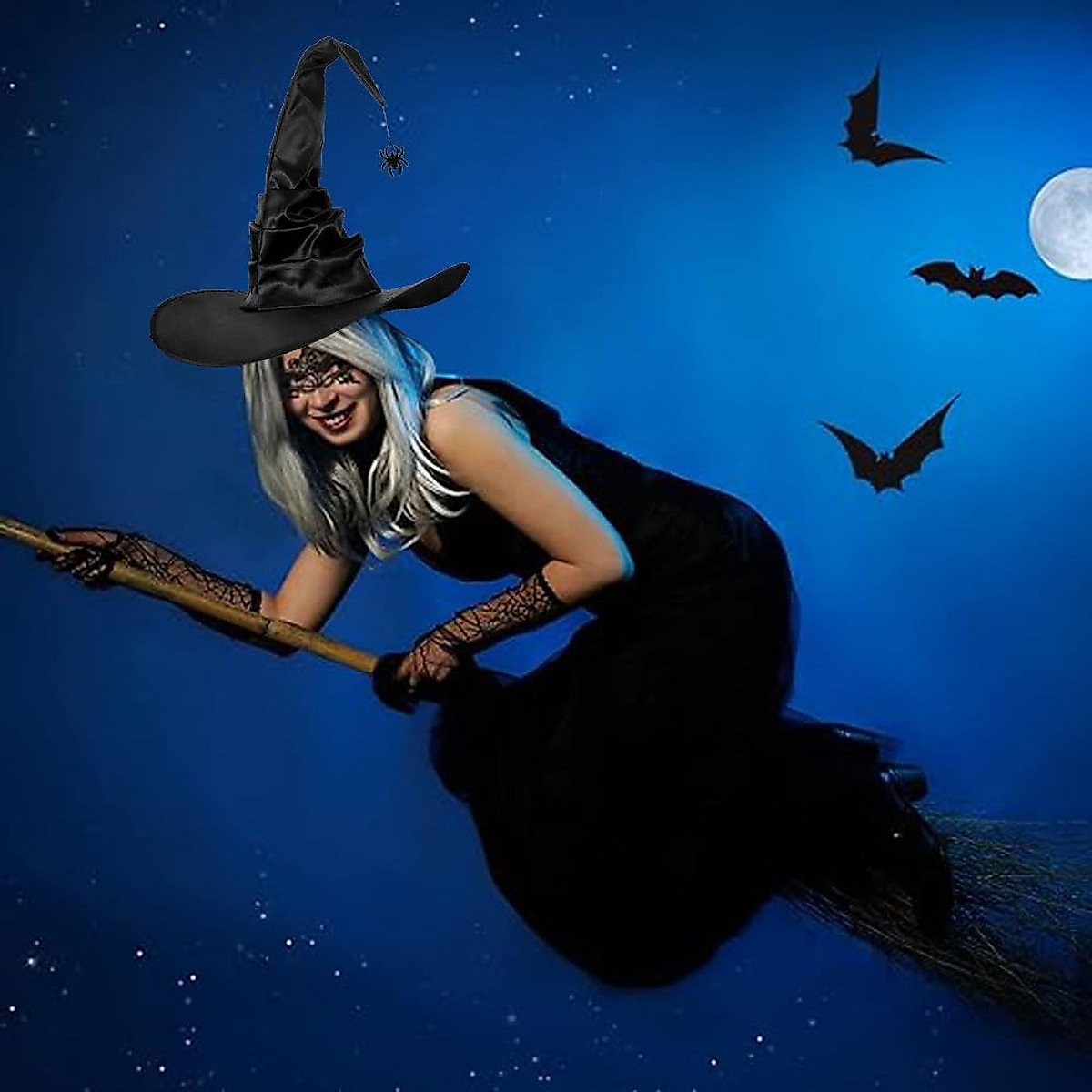 XGOPTS Halloween Women Witch Hat Black Ruched Crooked Wicked Witch Hat Devil Spider Wizard Hat for Costume Cosplay Party