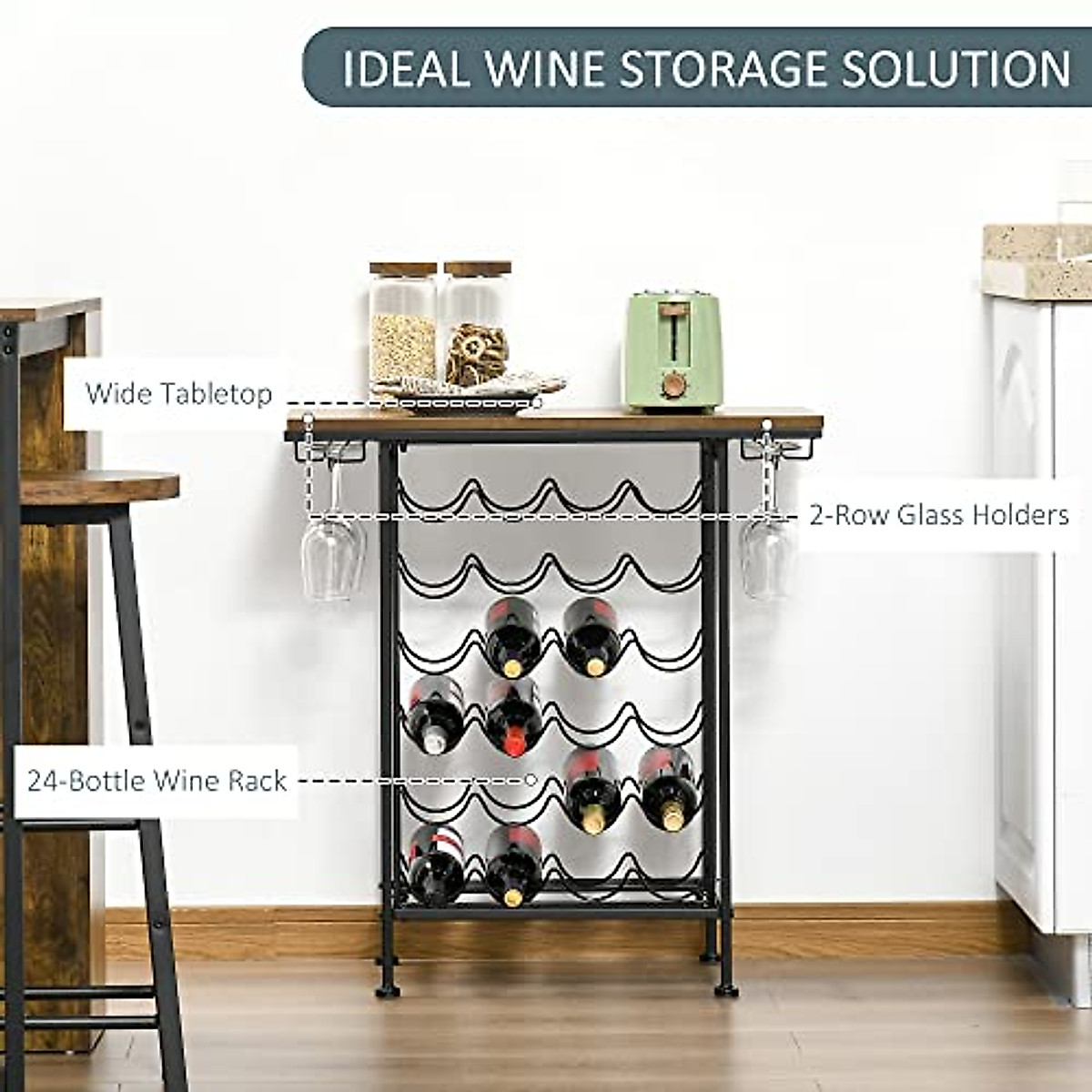 HOMCOM 24-Bottle Industrial Modern Wine Rack Table, Freestanding 6 Tier Wine Bottle Organizer with Glass Stemware Holder, Natural/Black