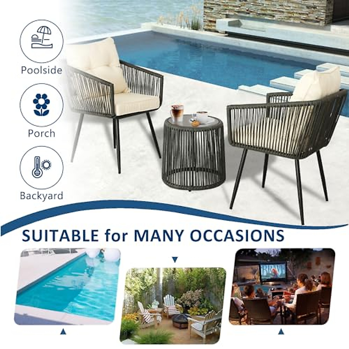 Furnivilla 3 Piece Patio Set Patio Furniture Wicker Patio Chairs and Tempered Glass Table for Balcony Backyard Garden(Beige)