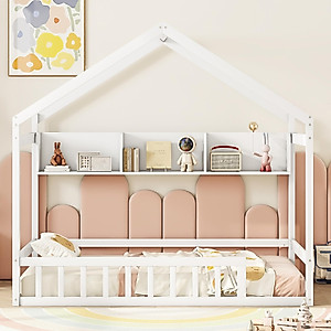 Harper & Bright Designs Twin Size House Bed with Storage Shelf, Wood Twin Montessori Bed for Kids,Twin Floor Bed Frame with Rails and Roof for Girls, Boys,White