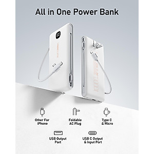 VEEKTOMX Power Bank with Built in Cables 22.5W 10000mAh, Portable Charger for iPhone with AC Wall Plug, Fast Charging USB C Slim iPhone Charger with LED Display Compatible with iPhone15/14/13, Samsung