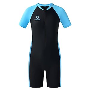 karrack Girls and Boys One Piece Rash Guard Swimsuit Kid Water Sport Short Swimsuit UPF 50+ Sun Protection Bathing Suits Black- Blue (Size 8-10Years)