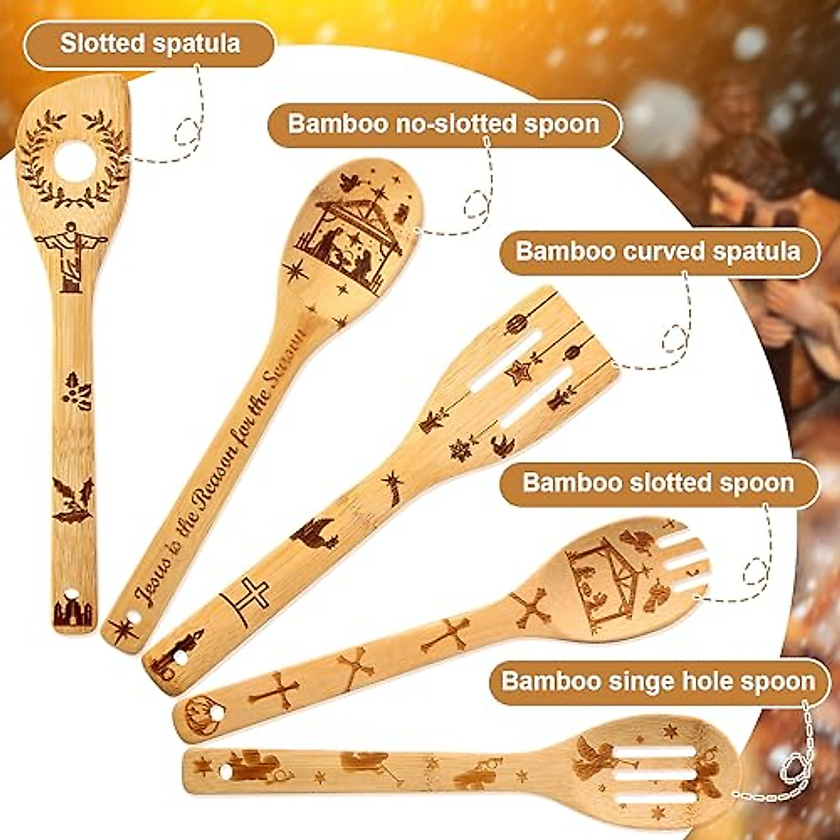 5 Pieces Burned Cooking Utensil Spoon Christmas Wooden Spoons Set Christmas Kitchen Decoration for Christmas Gift House Present Supplies (Religious Style)