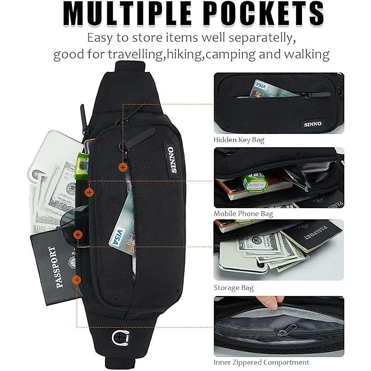 SINNO Black Mens Fanny Packs for Women Fashionable Waterproof Gifts for Running Sport Workout Hiking Travel Crossbody Plus Size Waist Pack Phone Bag Wallets Purse Carrying All Phones