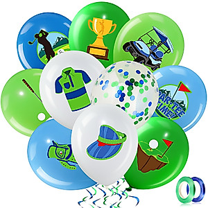 Capoda 60 Pcs Golf Theme Party Decoration 12 Inch Golf Balloons Bulk Golf Navy Blue Green White Latex Balloons Confetti Balloons with 2 Ribbons for Kids Golf Sport Birthday Party Decor Supplies