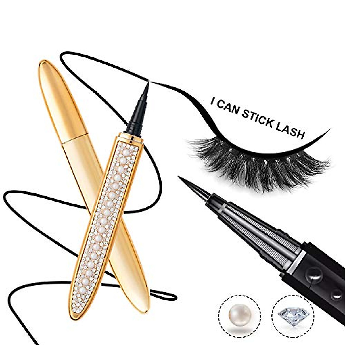 2020 Upgraded Self-adhesive Eyeliner,2 in 1 Eye Liner Pen Diamond Bling Glitter Liquid Eyeliner No Glue, Non Magnetic, Eye Liner for Eye Makeup and Wear Normal False Eyelashes (Queen Pearl White)