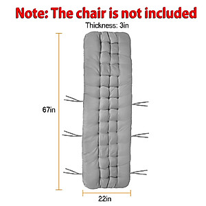 KOCASO 67x22in Chaise Lounger Cushion Bench Patio Recliner Rocking Chair Sofa Mat Deck Chair Cushion Indoor Outdoor Furniture Pat with 6 Ties & 1 Non-Slip Top Cover, Grey (Only A Cushion)
