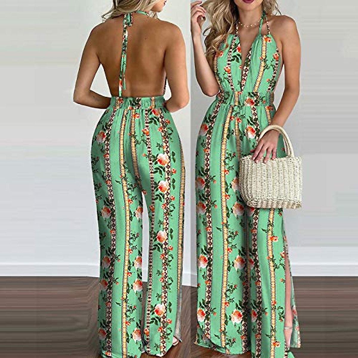 Women's Summer Halter Backless High Waist Loose Leg Floral Print Jumpsuit Long Pants(Green, XL)