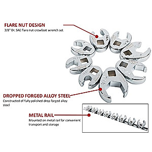 Sunex 9708 3/8-Inch Drive Fractional Crowfoot Flare Nut Wrench Set, 3/8-Inch - 7/8-Inch, Fully Polished, 8-Piece