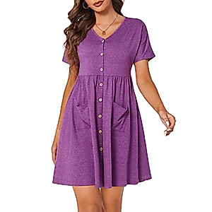 HOTOUCH Women's Plus Size Short Sleeve V-Neck Dresses Casual Loose Swing T-Shirt Dress Purple