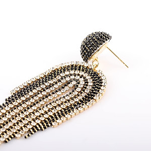 SLODEN Basic Fringe Linear Drop Earrings Rhinestones Tassel Chandelier Earrings for Women Dangle Drop Jewelry for Nightclub Party (Black)