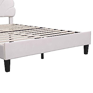 ATY Upholstered Queen Size Platform Bed, Velvet Fabric Bedframe with Flower Pattern Headboard & 12 Wood Slat Support, Elegant Style for Bedroom, Guestroom, No Box Spring Needed, Beige