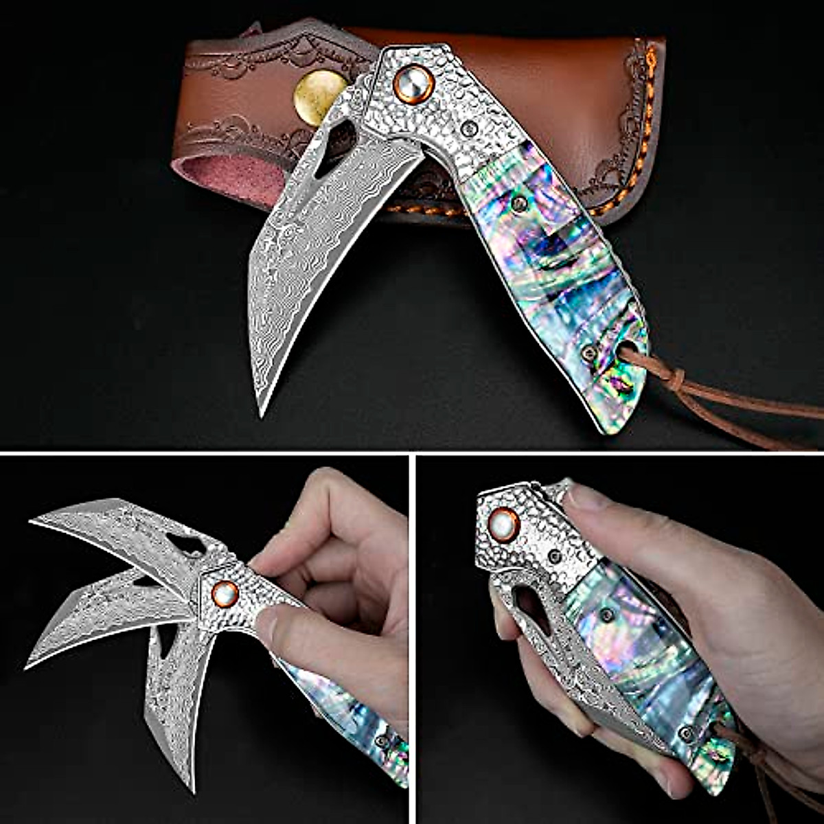 KOMWERO Damascus Pocket Knife for Men, VG10 Core Damascus Steel Folding Knife with Ball Bearing, Liner Lock, Abalone Shells Handle, Leather Sheath, Sharp EDC Knife for Gift Collection