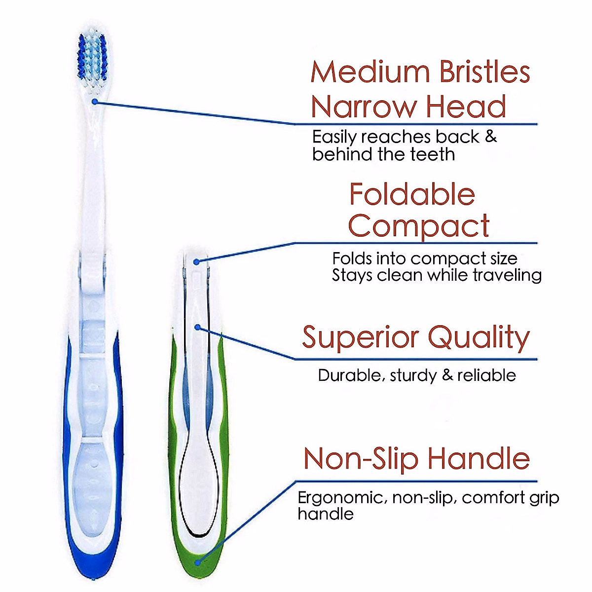 Azi 2pc Premium TSA Approved Travel Toothbrush On The Go Folding Medium Bristles & Tongue Cleaner/Gum Massager Travel Camping Handbag Backpack Car RV Dorm Gym School Locker