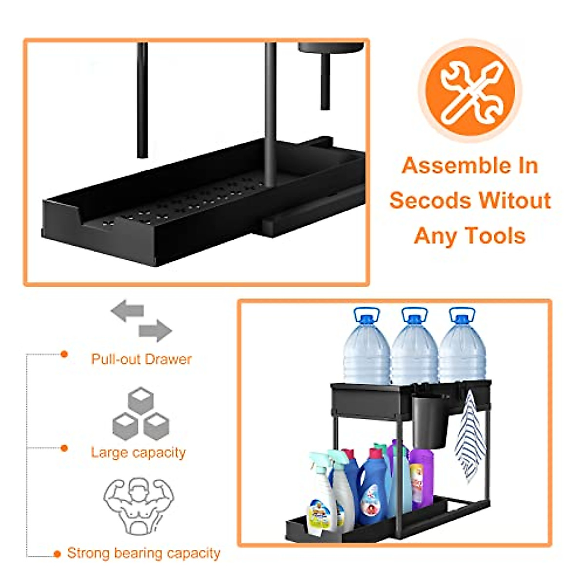 Under Sink Organizers and Storage,2 Tier Multipurpose Under the Sink Organizer, Sliding Kitchen Storage Pull Out Double Shelf Drawer for Bathroom Counter Cabinets, Undersink Hair Tool