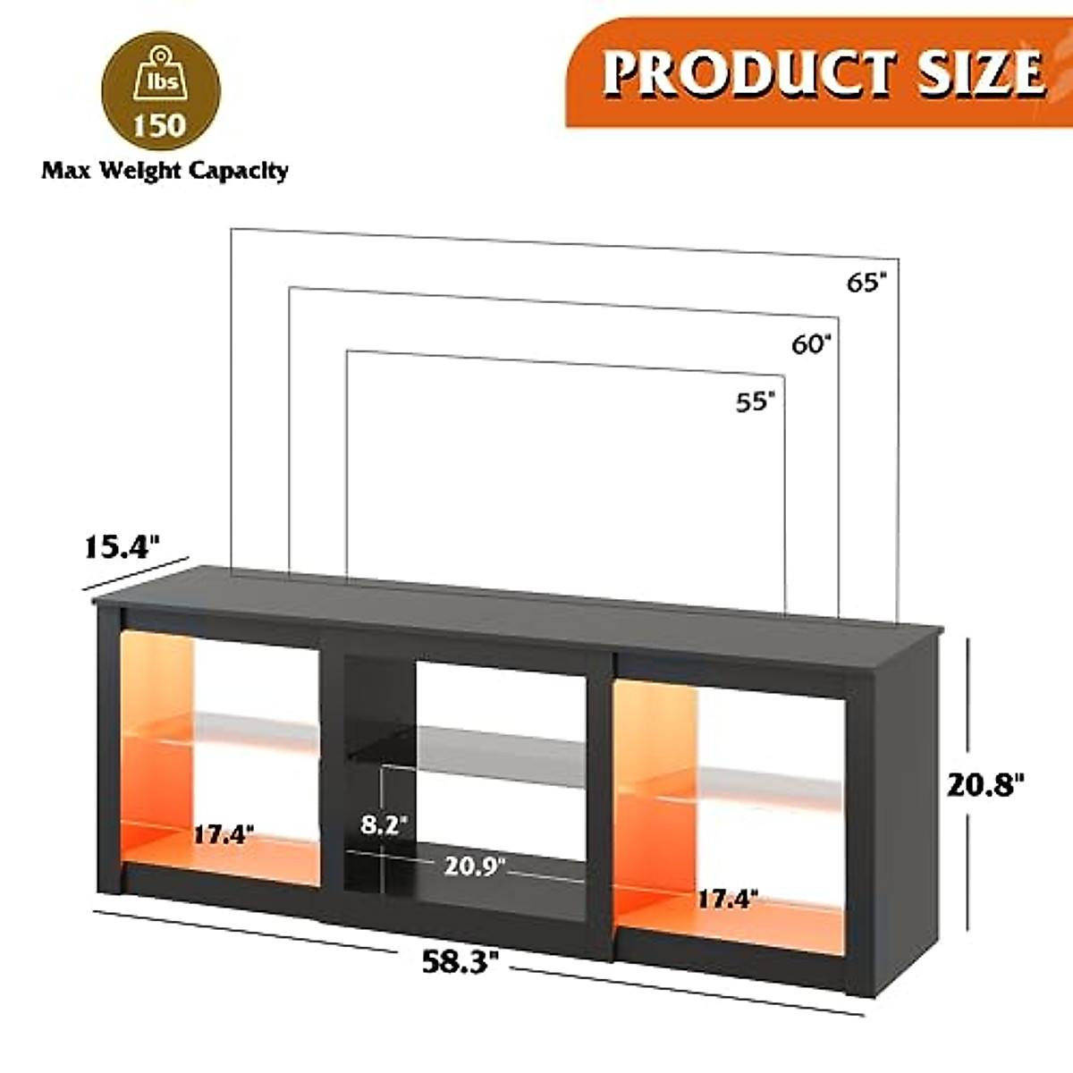 WLIVE TV Stand with LED Lights for TVs up to 65 inch, Entertainment Center with Glass Shelves, Modern TV Console for Living Room, Media Console with Storage, Black