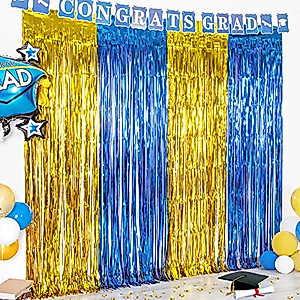 LOLStar 1 Pack Blue and Gold Graduation Party Decoration 2023, 3.3x6.6 ft Foil Fringe Curtains, Tinsel Backdrop, Graduation Photo Booth Prop Streamer Backdrop for High School College University Party