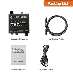 J-Tech Digital Digital to Analog Audio Converter with Headphone Amplifier & Bass, Volume Control | 192kHz 24bit Optical Coaxial RCA 3.5mm [JTECH-D2A3]